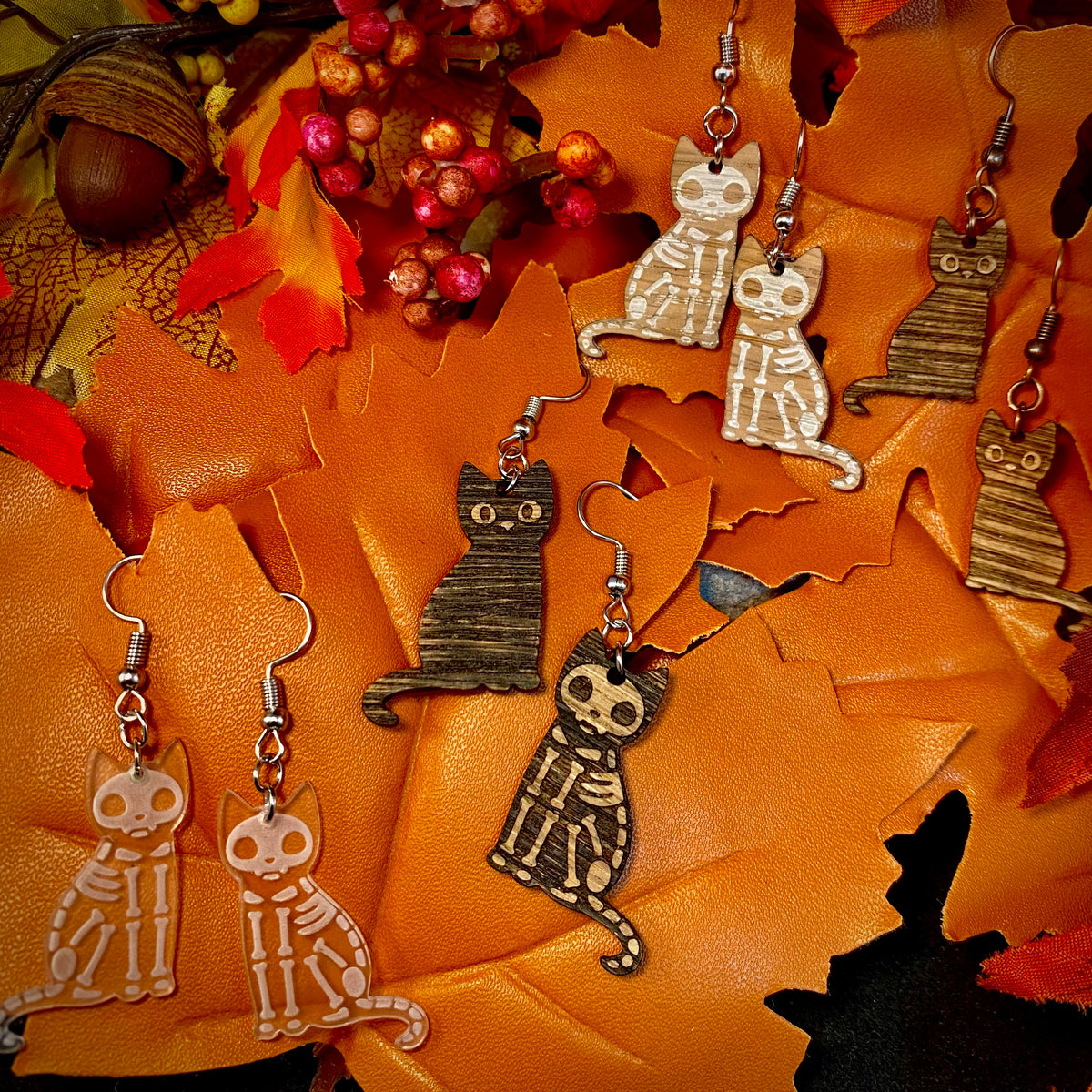 Oak Skeleton Cat Earrings – Fleming's Engraving